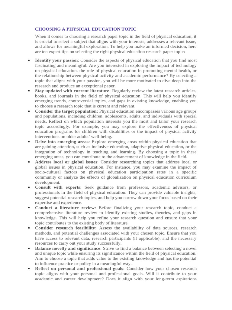 CHOOSING A PHYSICAL EDUCATION TOPIC - Docx Research | PDF | Academic ...