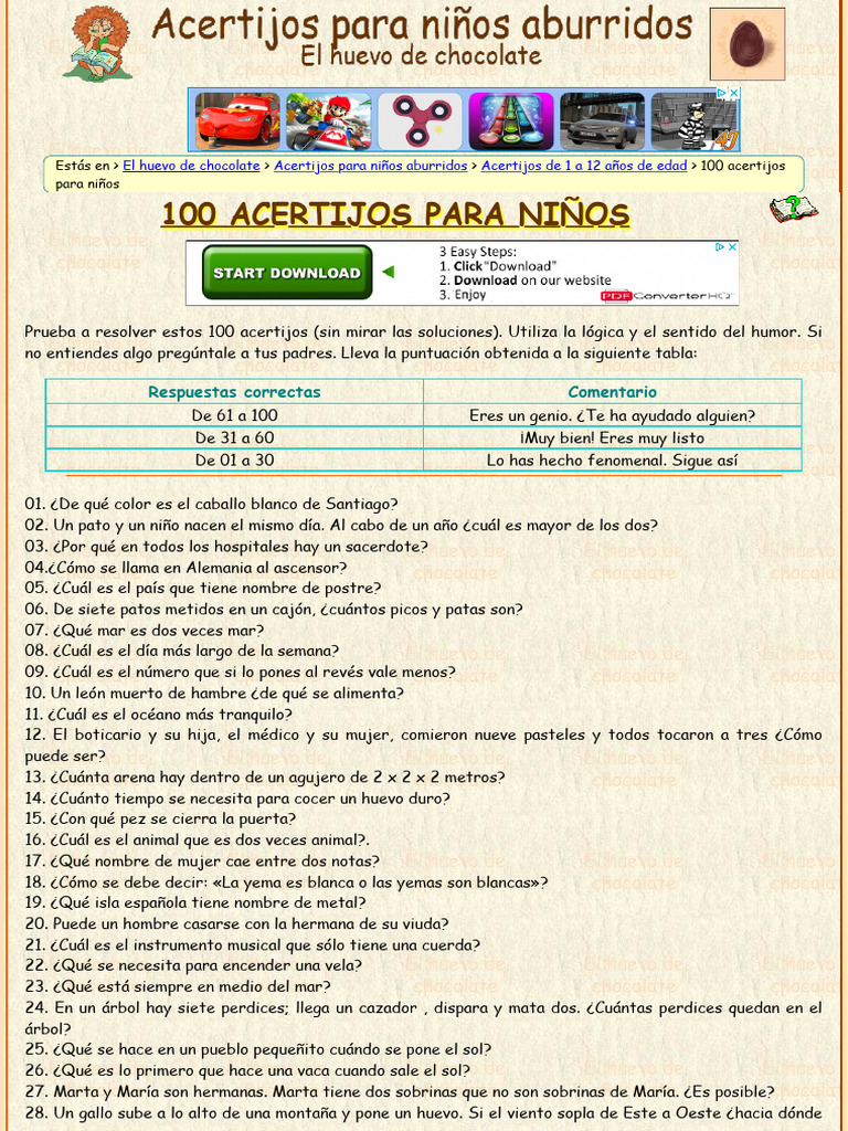 100 Acertijos para Niños Con Soluciones. Acertijos para Niños Aburridos ...