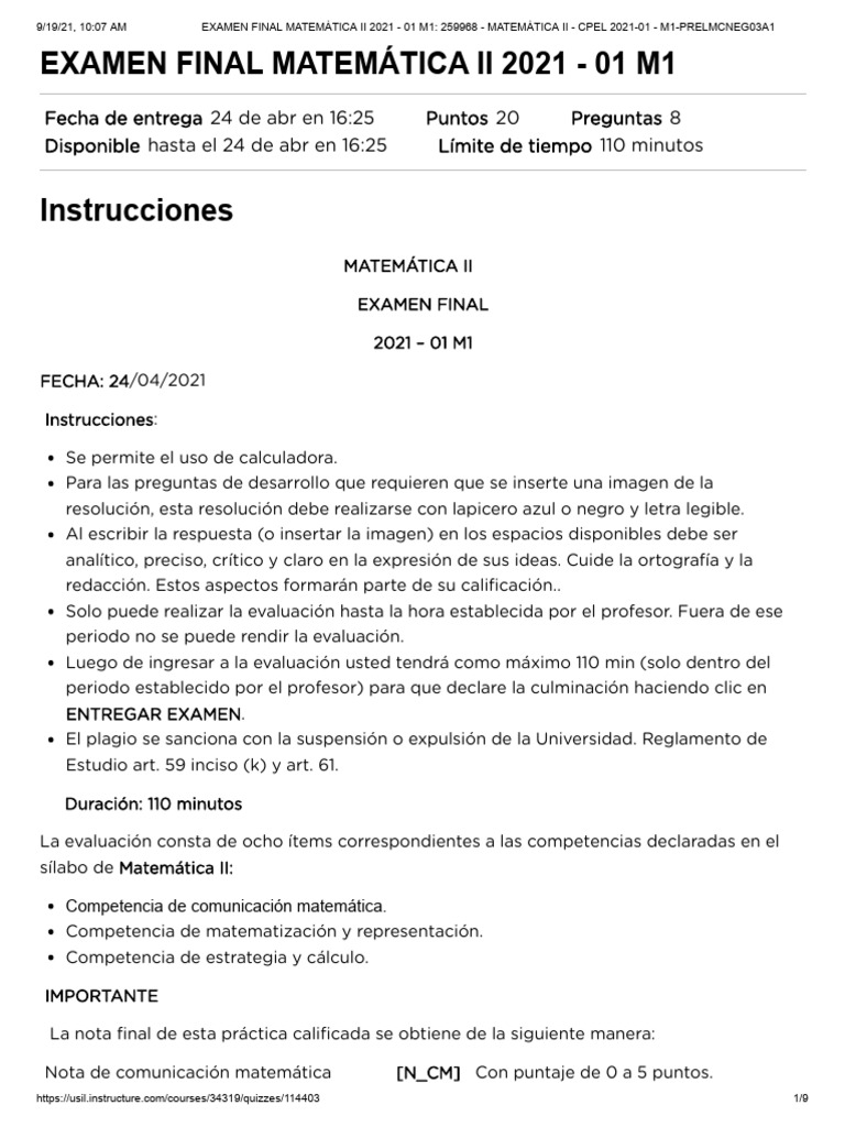 Examen Final Matemática Ii 2021 - 01 M1 - 259968 - Matemática Ii - Cpel 2021-01 - M1 ...