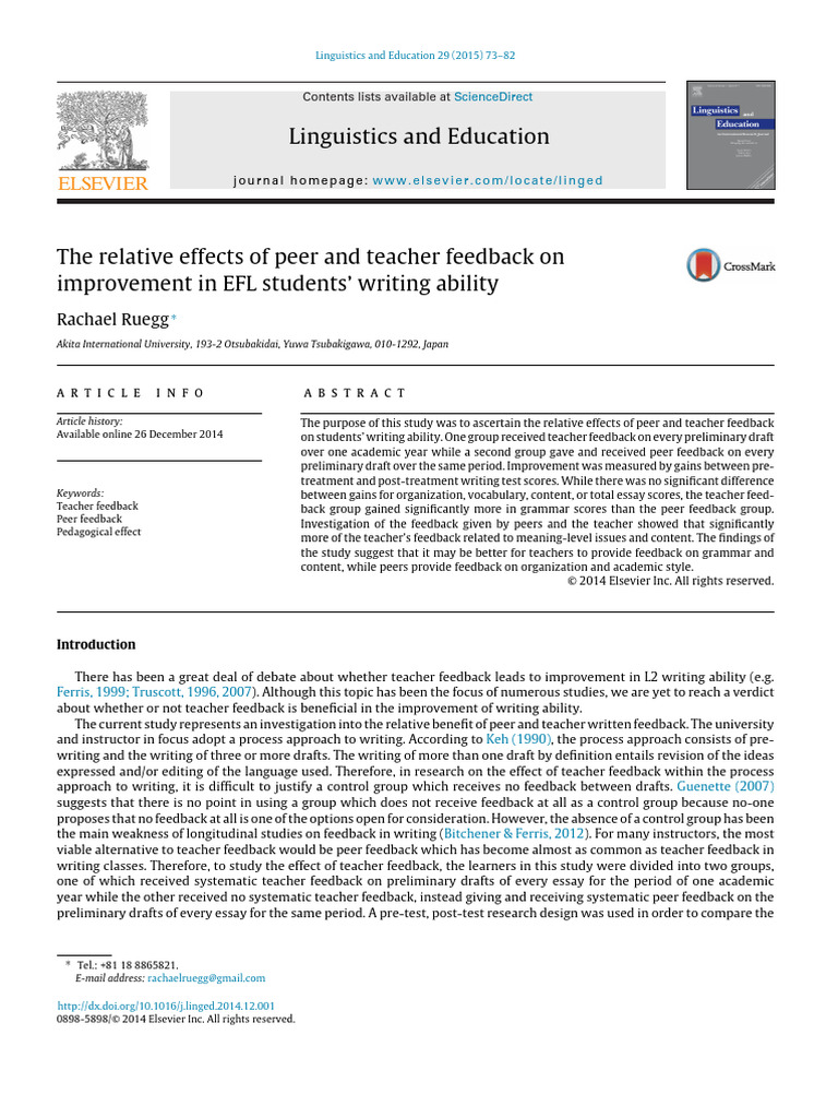 Peer vs Teacher Feedback in EFL Writing | PDF | English As A Second Or ...