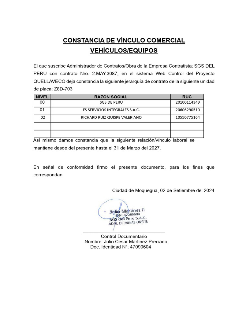 Constancia de Vínculo Comercial z8d-703 | PDF