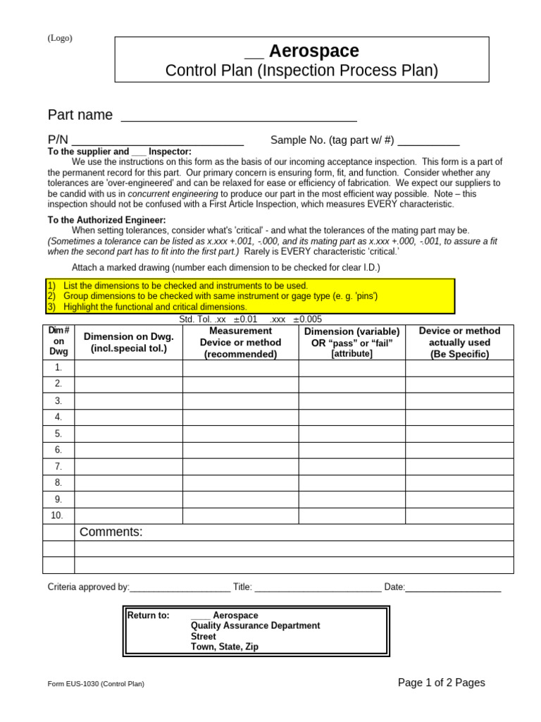 Generic Inspection Control Plan | PDF | Engineering Tolerance | Quality