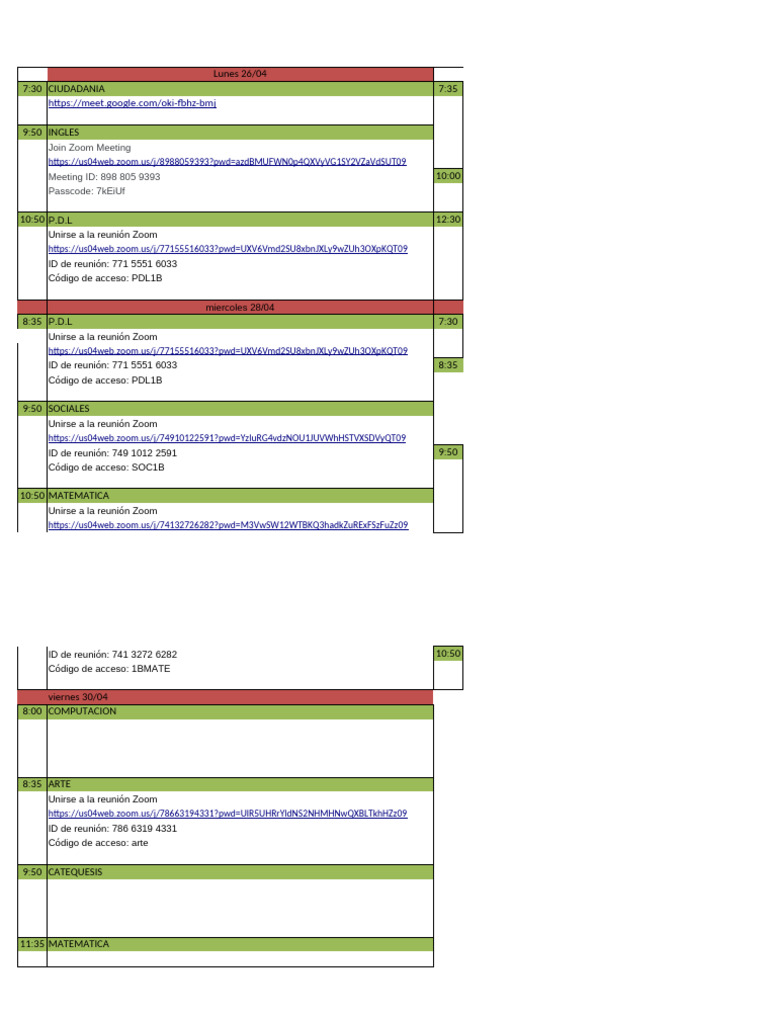 Horarios Abril | PDF