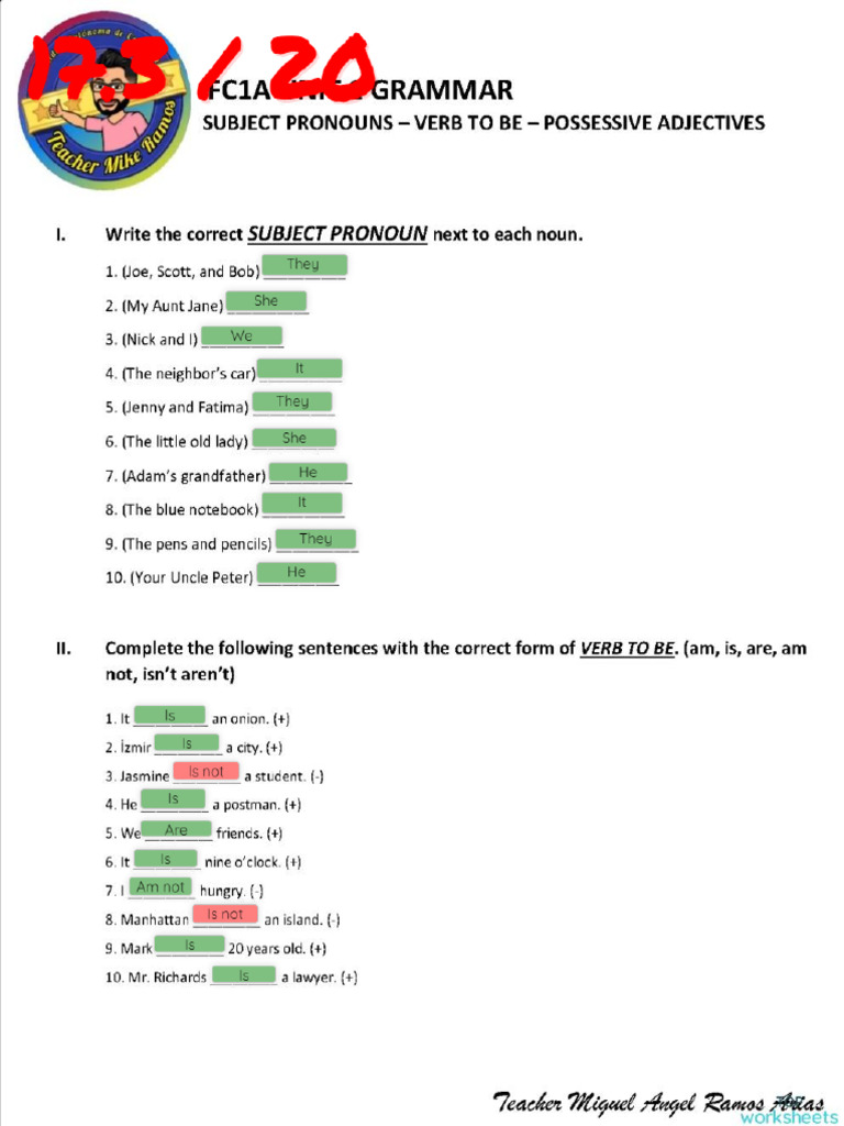 SUBJECT PRONOUNS - VERB TO BE - POSSESSIVE Lkiuy | PDF