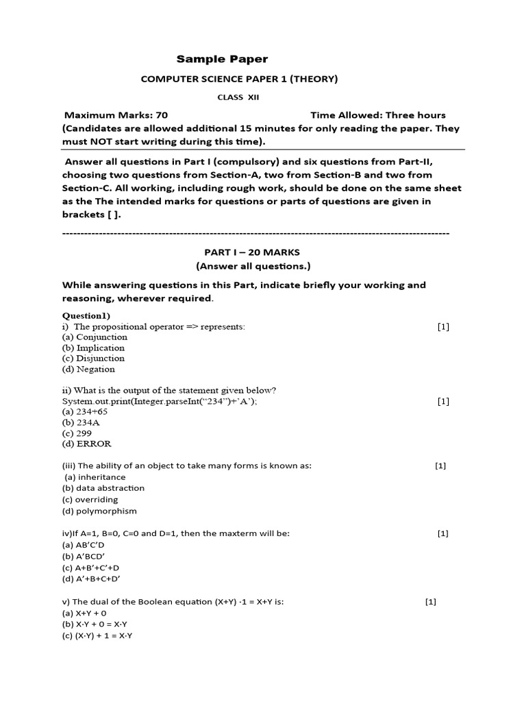 Sample Paper Computer Xii Pdf Integer Computer Science Constructor Object Oriented
