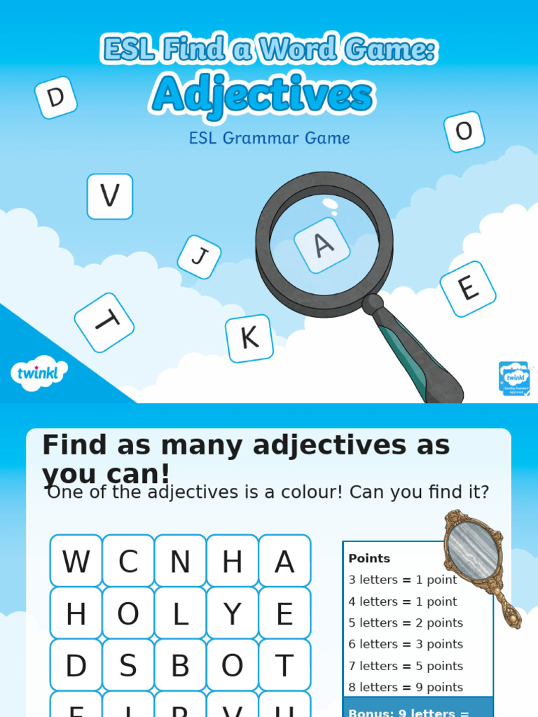 Adjective Word Search Game | PDF | Linguistic Morphology | Semantic Units