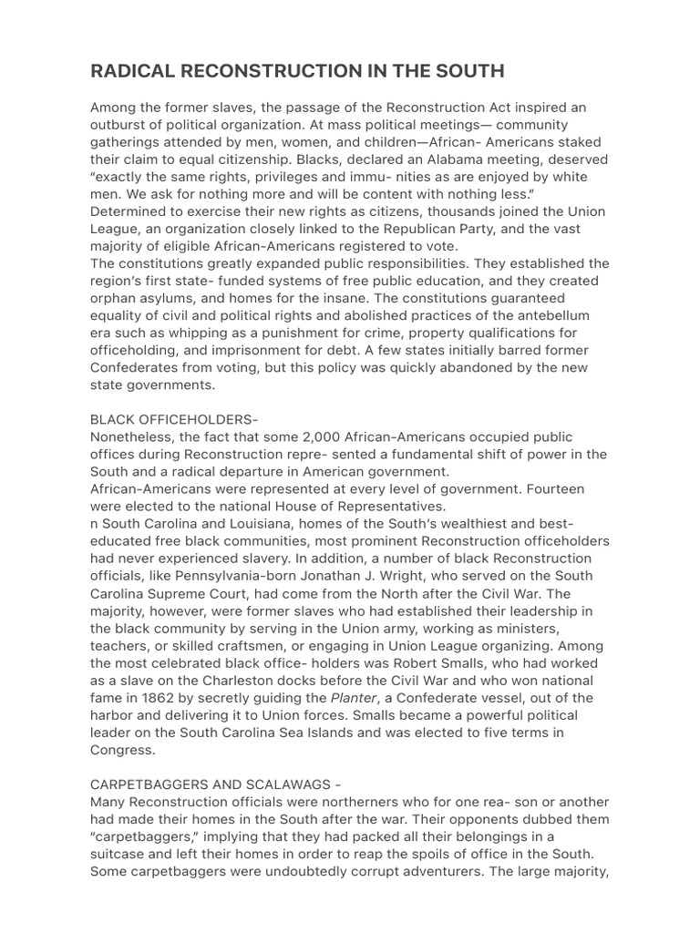 RADICAL RECONSTRUCTION IN THE SOUTH | PDF | Reconstruction Era ...