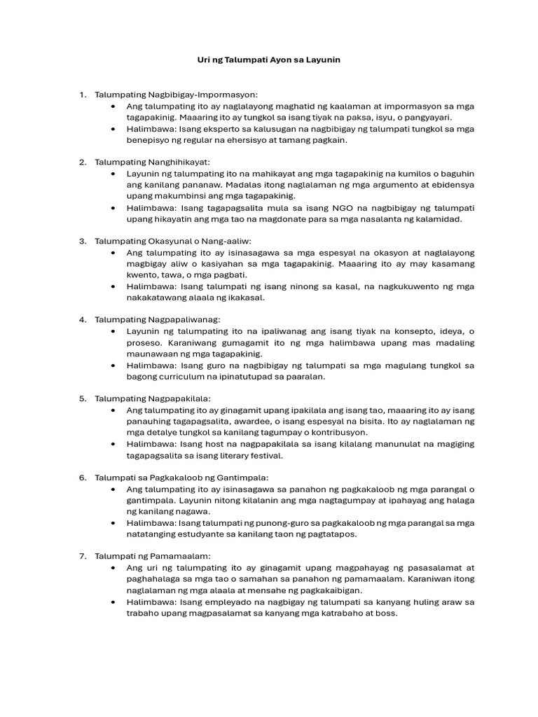 Uri NG Talumpati Ayon Sa Layunin | PDF
