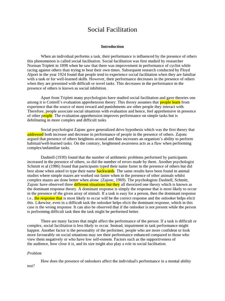 Social Facilitation | PDF | Psychology | Psychological Concepts