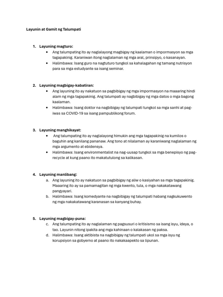 Layunin Gamit at Katangian NG Talumpati | PDF