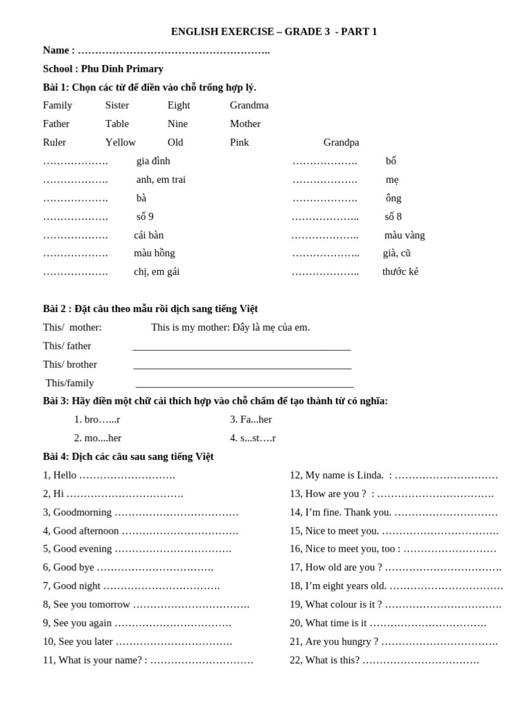 (123doc) Bai Tap Tieng Anh Lop 3 Theo 4 Chu de Family Toys Pets Numbers | PDF