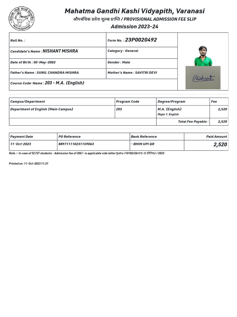 MGKVP Admission Fee Receipt 2023-24 | PDF
