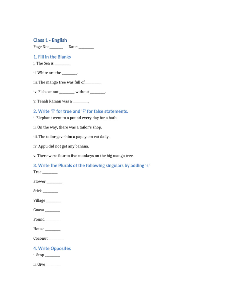 Class 1 English Exam Paper | PDF