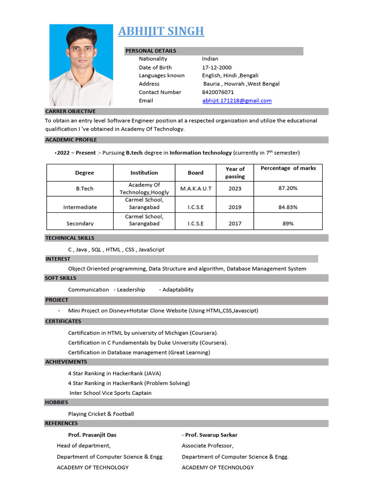 Abhijit Singh - Resume (7th Sem) | PDF | Software Development | Information Technology
