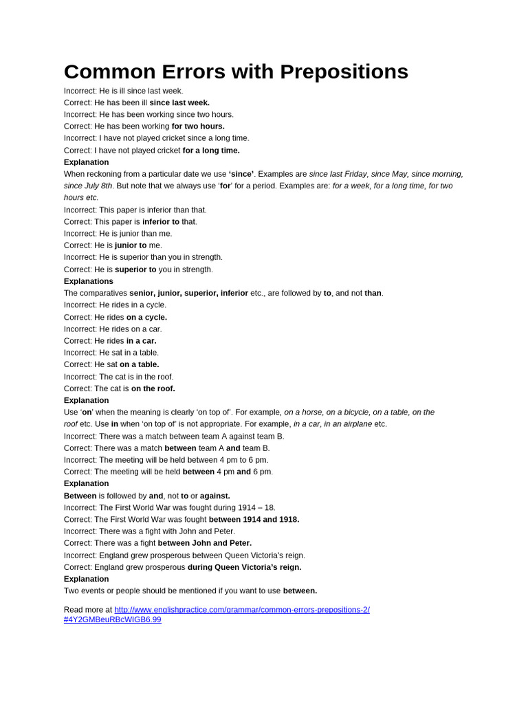 Common Errors With Prepositions | PDF | Preposition And Postposition ...