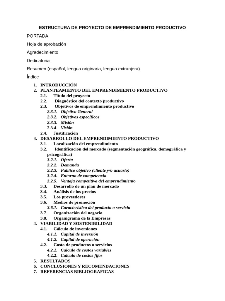 Estructura de Proyecto de Emprendimiento Productivo 2024 | PDF