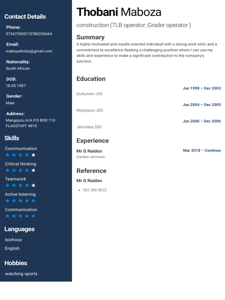 Thobani Maboza - Construction Operator CV | PDF