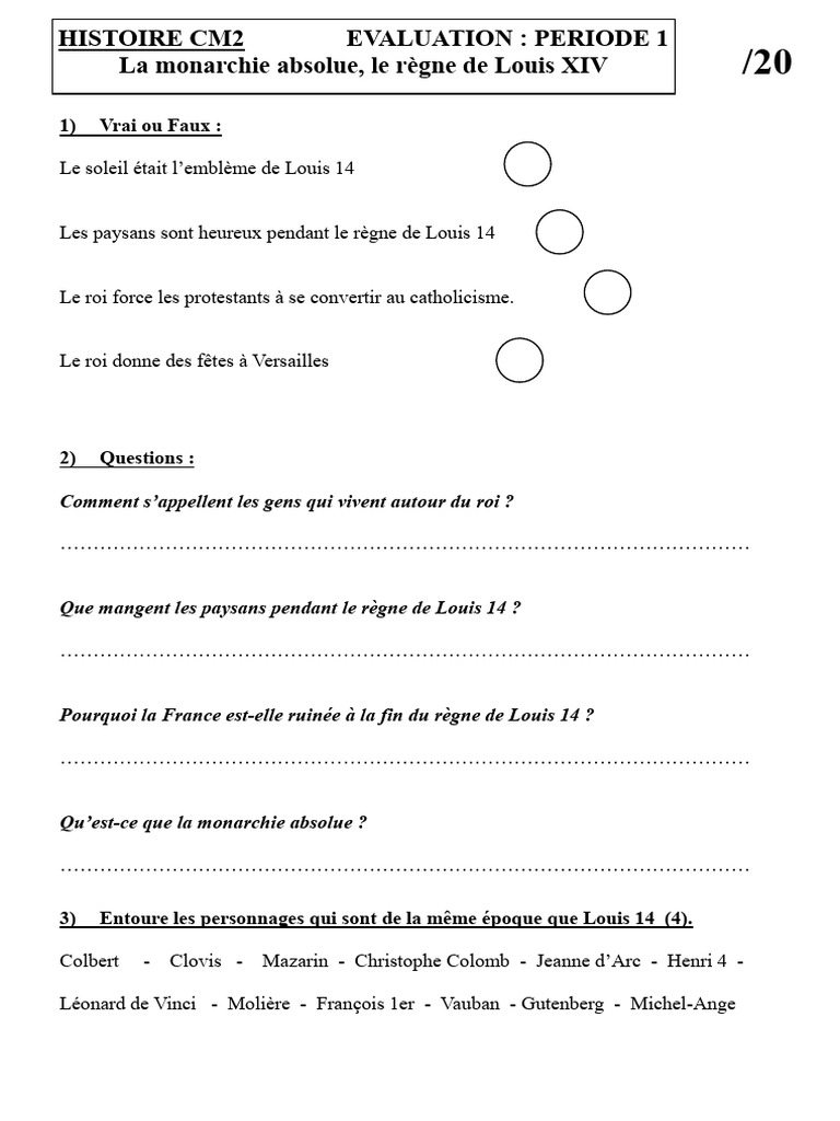 Évaluation sur Louis XIV en CM2 | PDF
