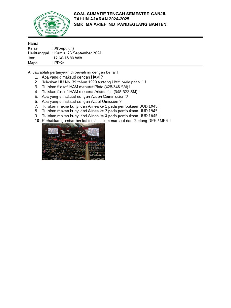SOAL PTS PPKN Kelas 10 GANJIL TAHUN AJARAN 2024-2025 | PDF | Ilmu Sosial