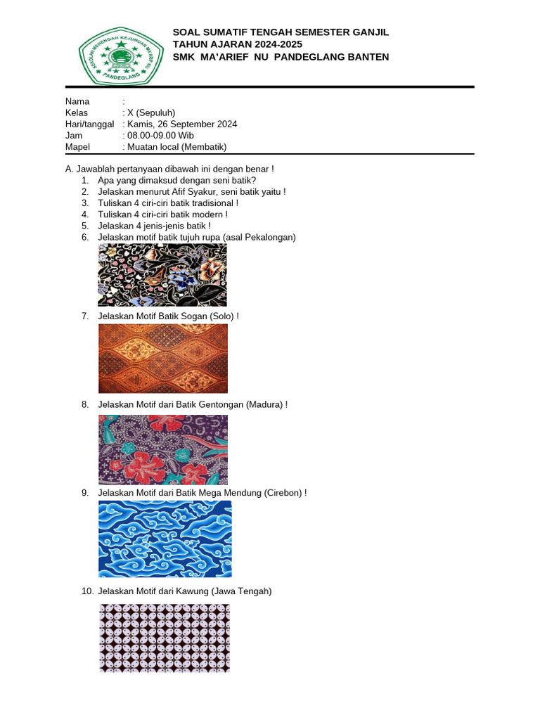 SOAL PTS MUATAN LOKAL MEMBATIK Kelas 10 GANJIL 2024-2025 | PDF