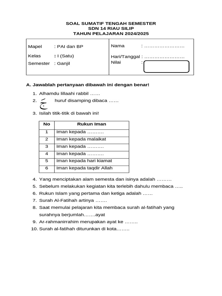 Soal STS PAI BP Kelas 1 | PDF