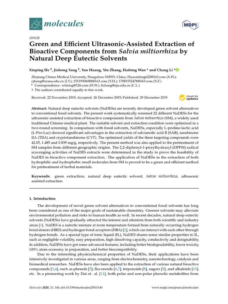 Green and Efficient Ultrasonic-Assisted Extraction of | PDF | High ...