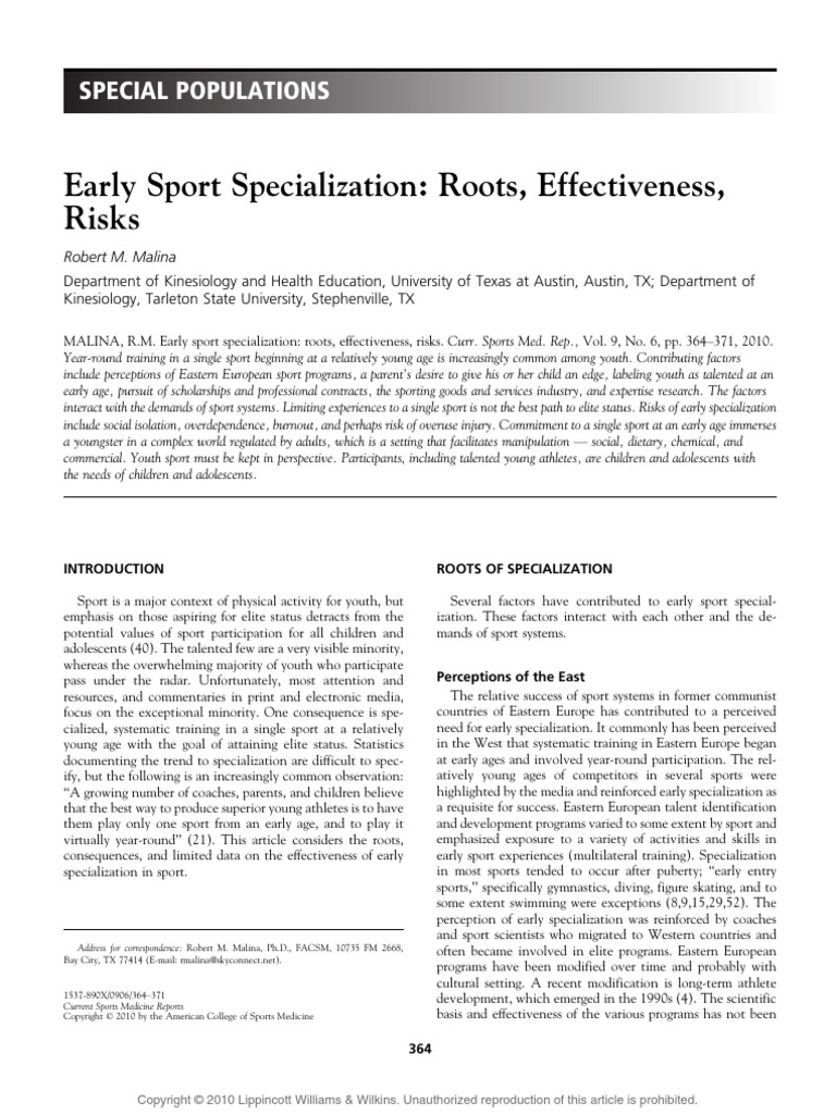 Early Sport Specialization - Roots, Effectiveness, Risks | PDF | Eating ...