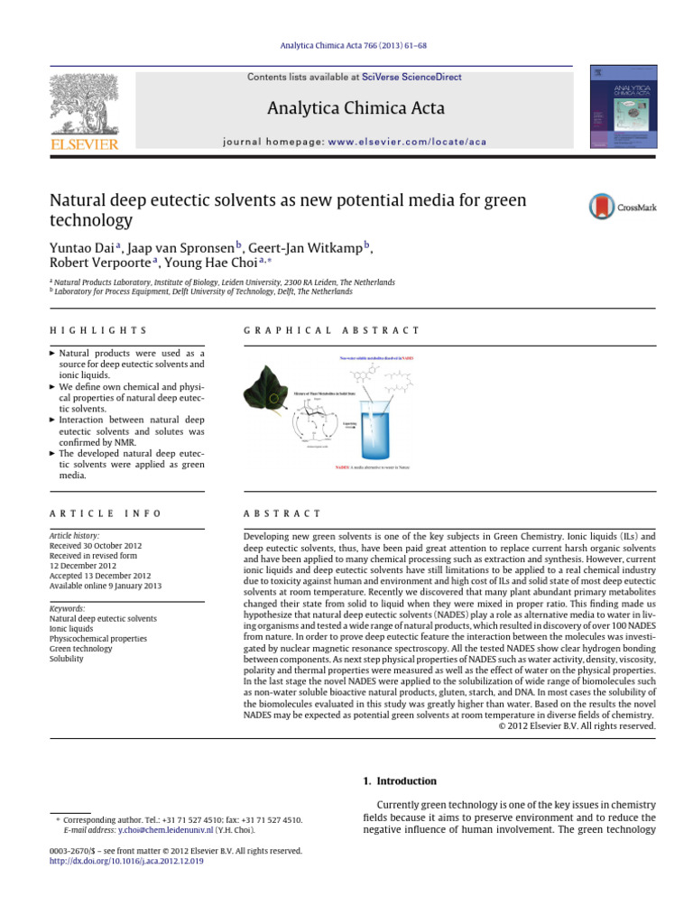 Natural Deep Eutectic Solvents As New Potential Media For Green | PDF ...