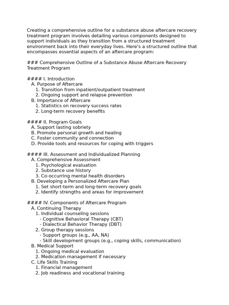 Comprehensive Outline of A Substance Abuse Aftercare Recovery Treatment ...