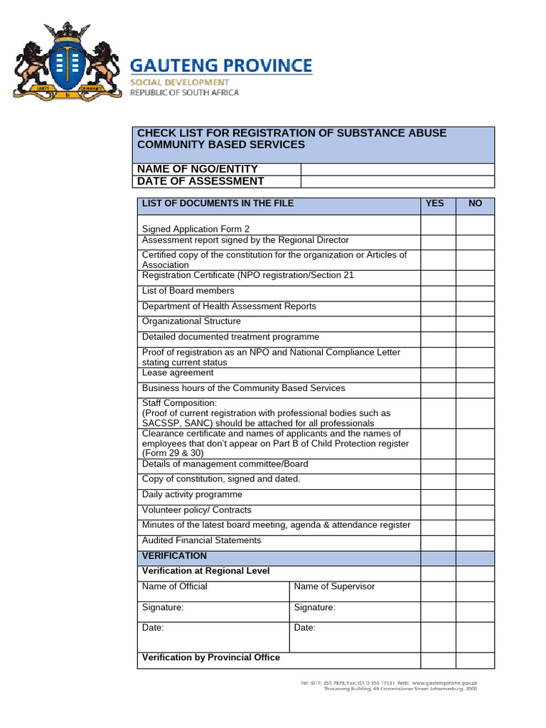 Checklist For Registration of Substance Abuse Community Based Services ...