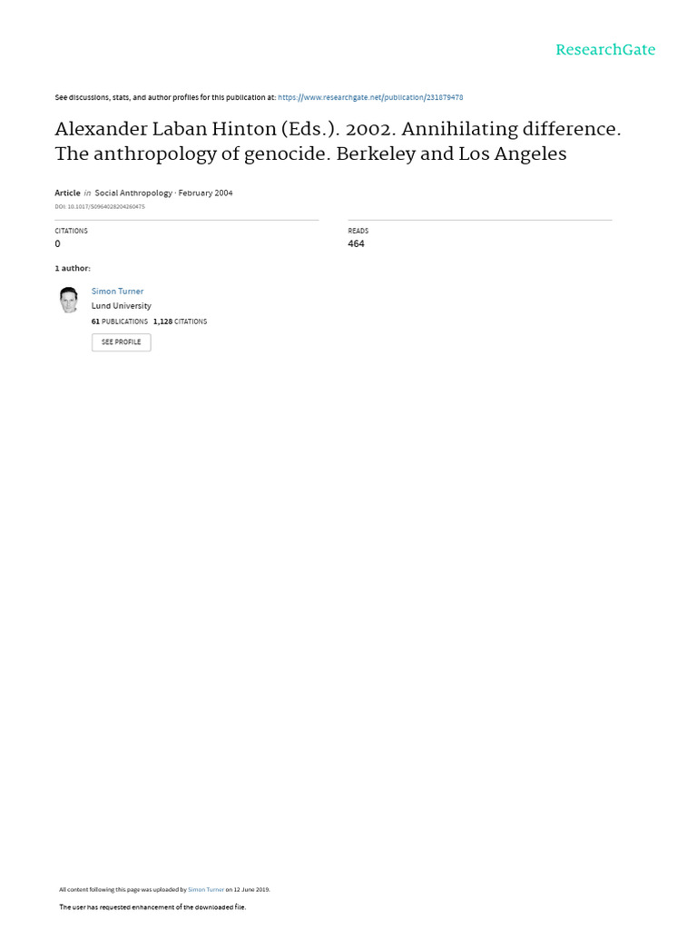 Alexander Laban Hinton Eds 2002 Annihilating Diffe | PDF | Anthropology ...