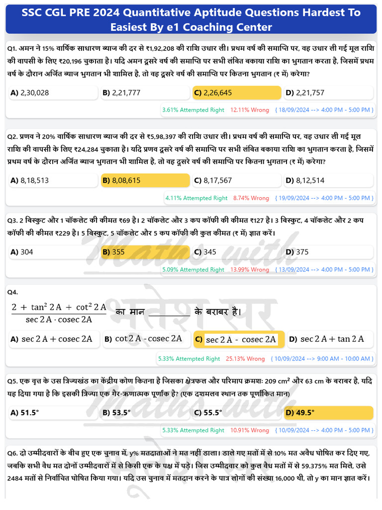 SSC CGL T1 2024 MatheMatics (Hindi) | PDF