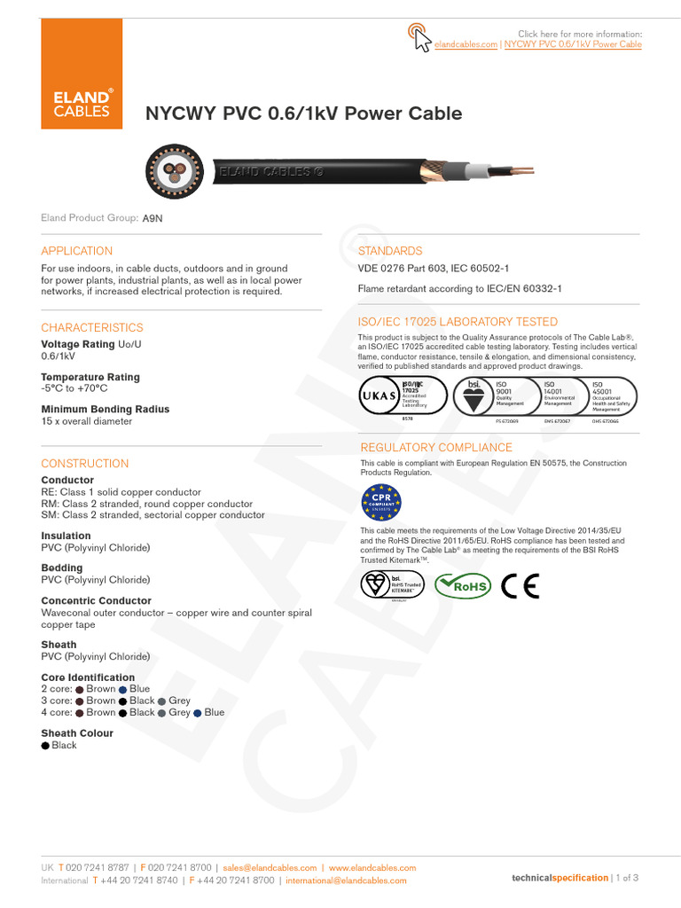 Nycwy PVC 0 6 1kv Power Cable | PDF | Electrical Conductor | Polyvinyl Chloride