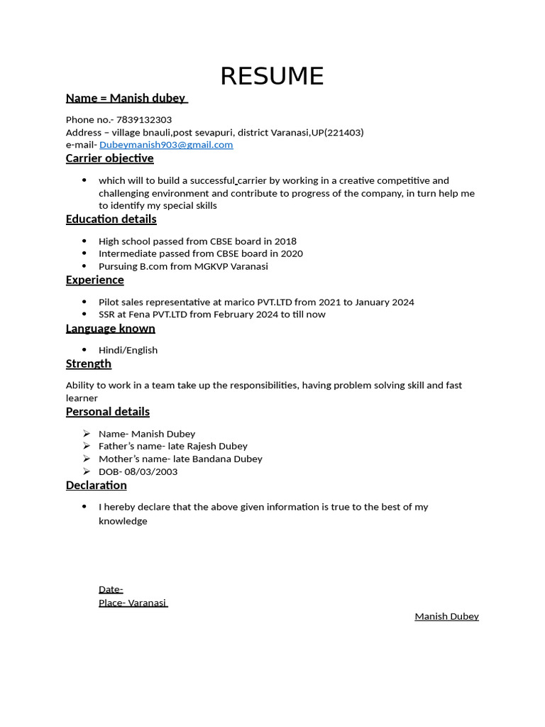 Resume: Name Manish Dubey | PDF Resume: Name Manish Dubey | PDF