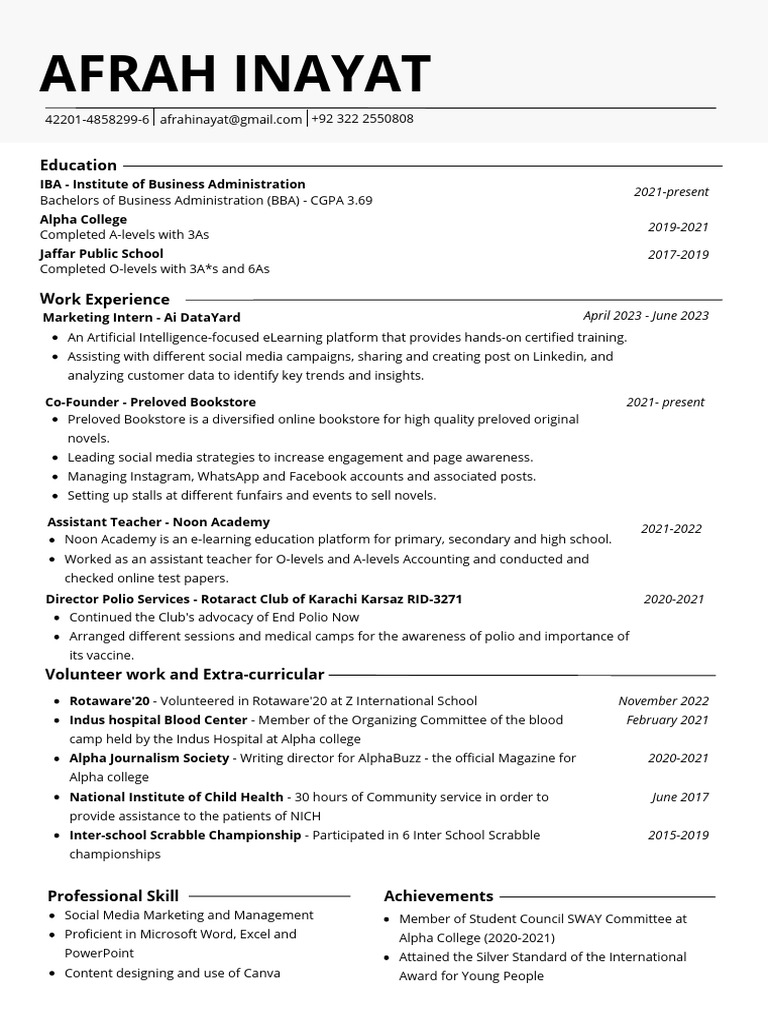 Afrah Inayat Resume | PDF | Career & Growth | Business