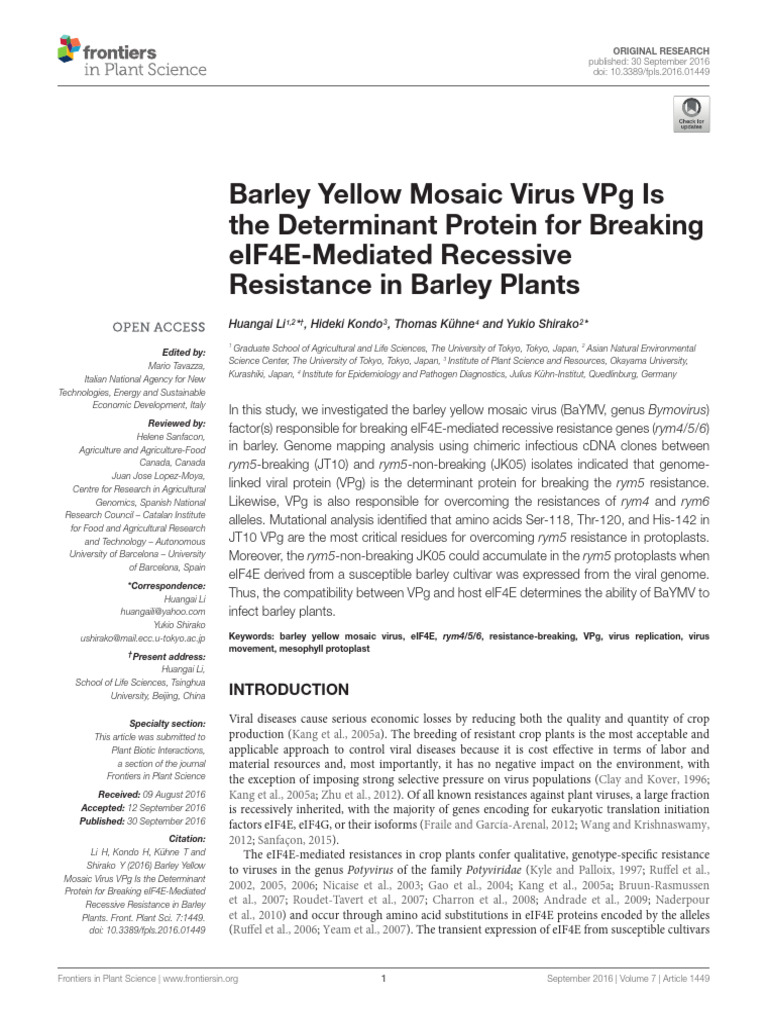 Barley Yellow Mosaic Virus VPG Is The Determinant Protein For Breaking eIF4E-Mediated Recessive ...