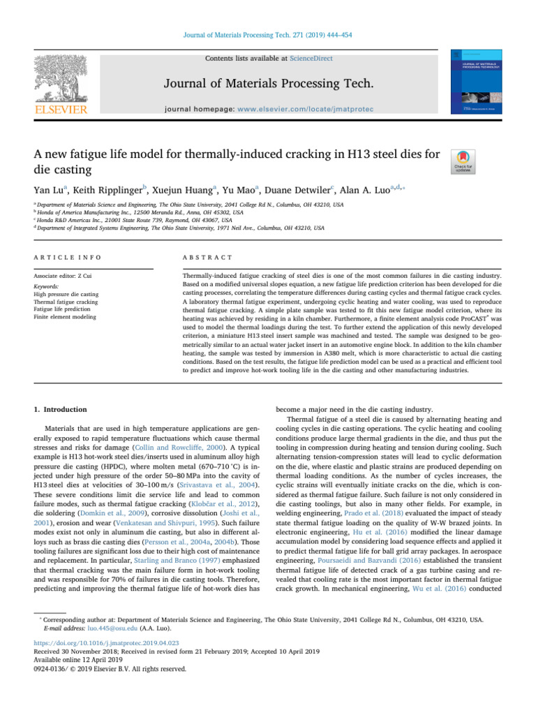 A New Fatigue Life Model For Thermally-Induced Cracking in H13 Steel | PDF | Deformation ...