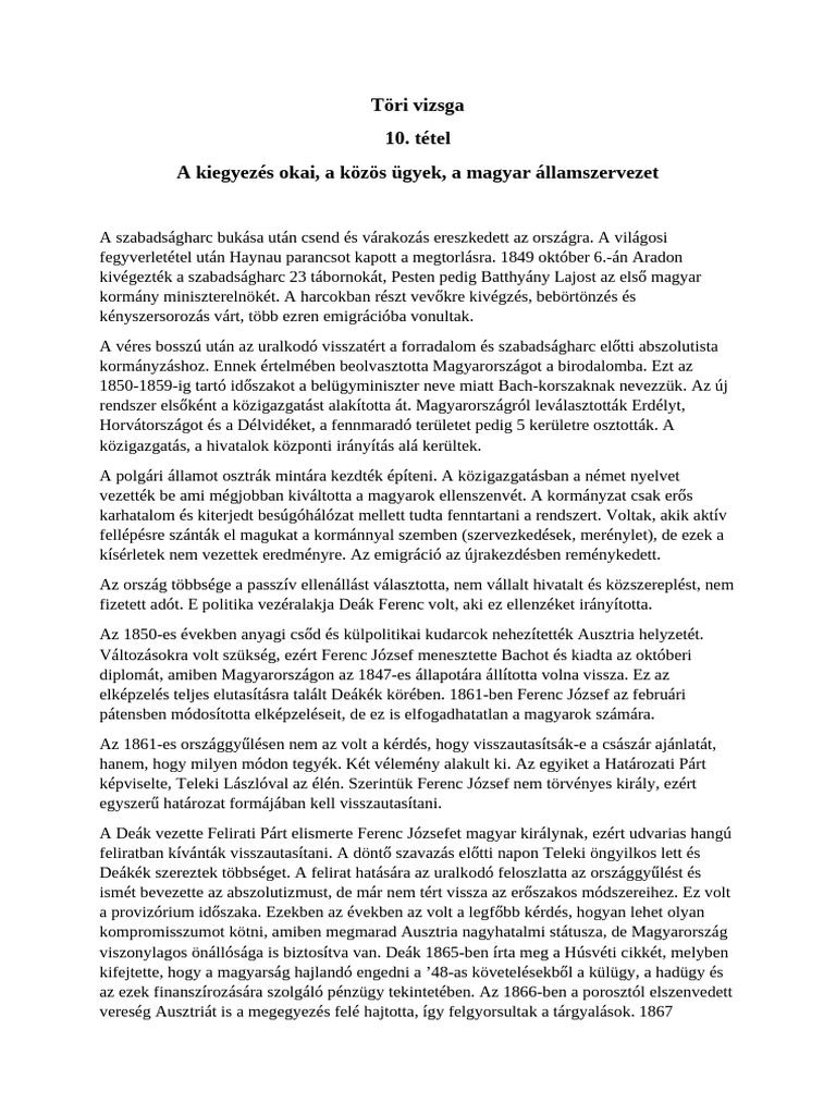 9.Tétel-A Kiegyezés Okai, A Közös Ügyek, A Magyar Államszervezet | PDF