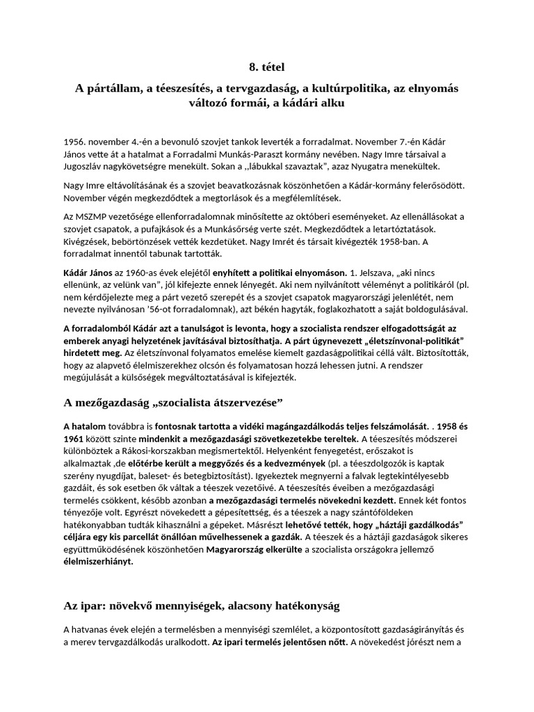 8.tétel Kádári Alku | PDF