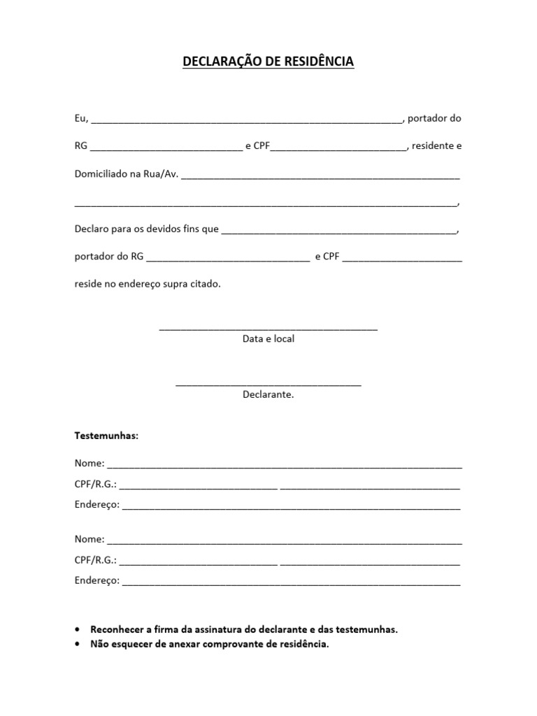 Declaracao de Residencia Declarante | PDF