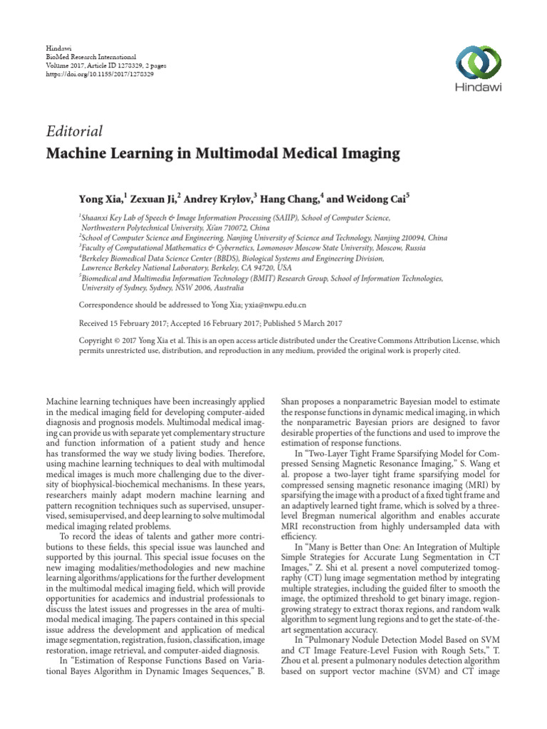 Editorial: Machine Learning in Multimodal Medical Imaging | PDF | Medical Imaging | Image ...
