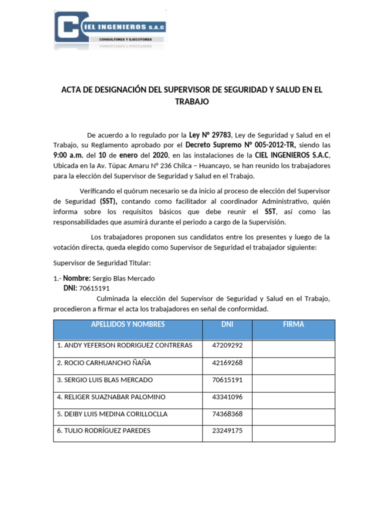 Acta de Eleccion de Supervisor SST | PDF