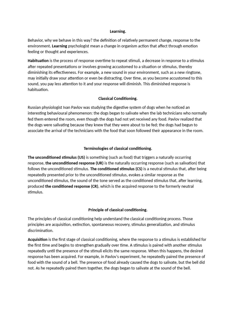 Study Guide-Learning | PDF | Classical Conditioning | Reinforcement