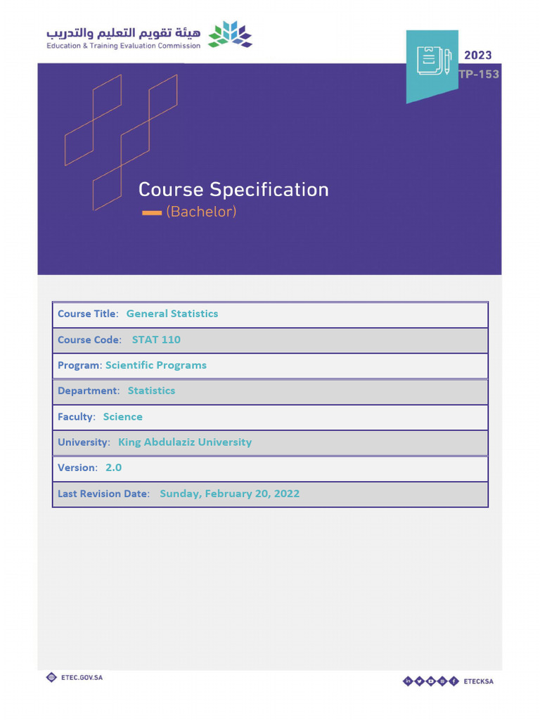 STAT_110_TP-153_Course_Specifications_2024 | PDF | Statistics | Data Analysis