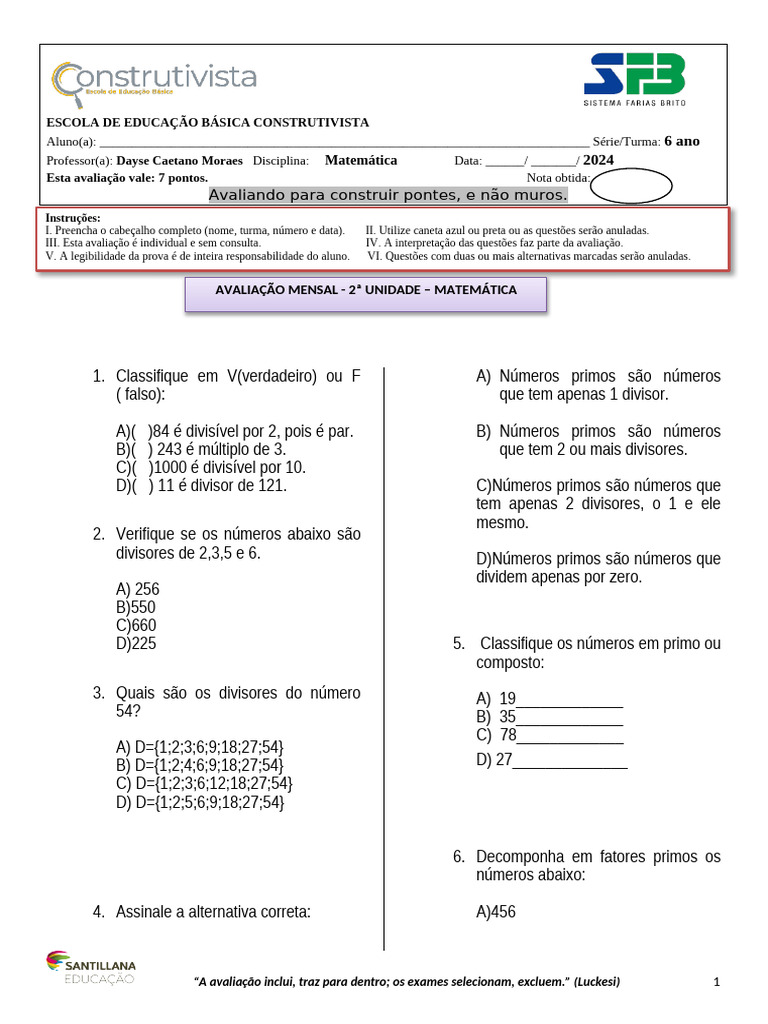 modelo de prova - Constru | PDF | Número primo | Matemática