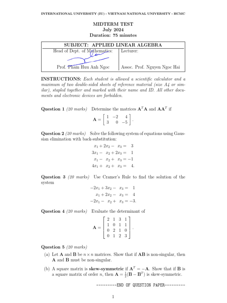 Linear - Algebra - Midterm - Exam (He-2024) - Signed | PDF