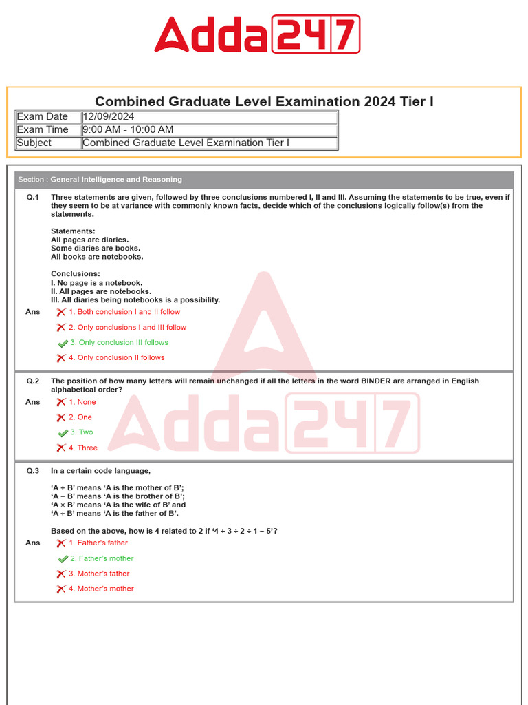 SSC CGL 2024 Tier 1 Question Paper | PDF | Angle