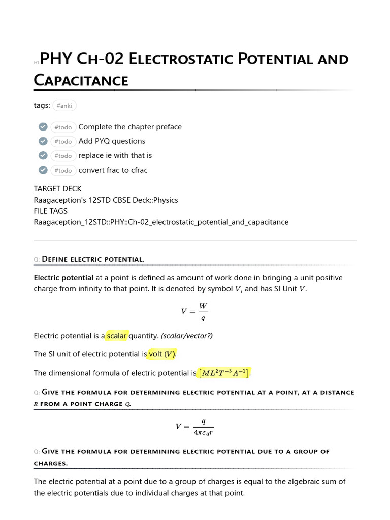 PHY Ch-02 Electrostatic Potential and Capacitance | PDF | Capacitance | Capacitor