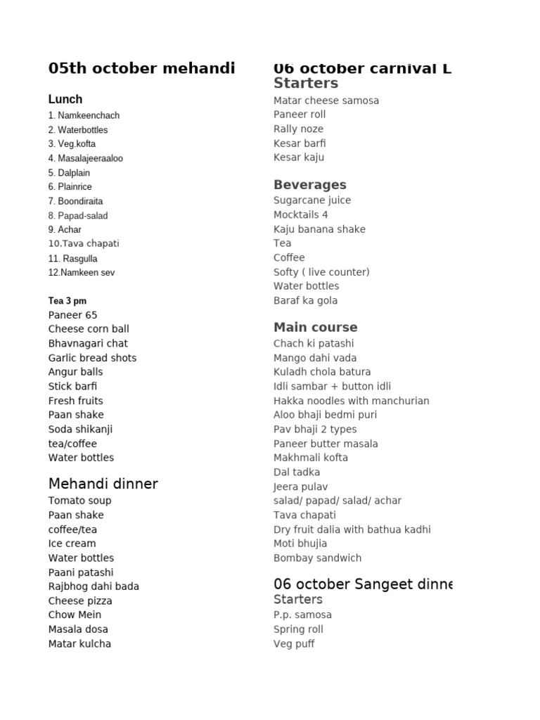 Indian Jain Wedding Menu Overview | PDF | Lunch | Desi Cuisine