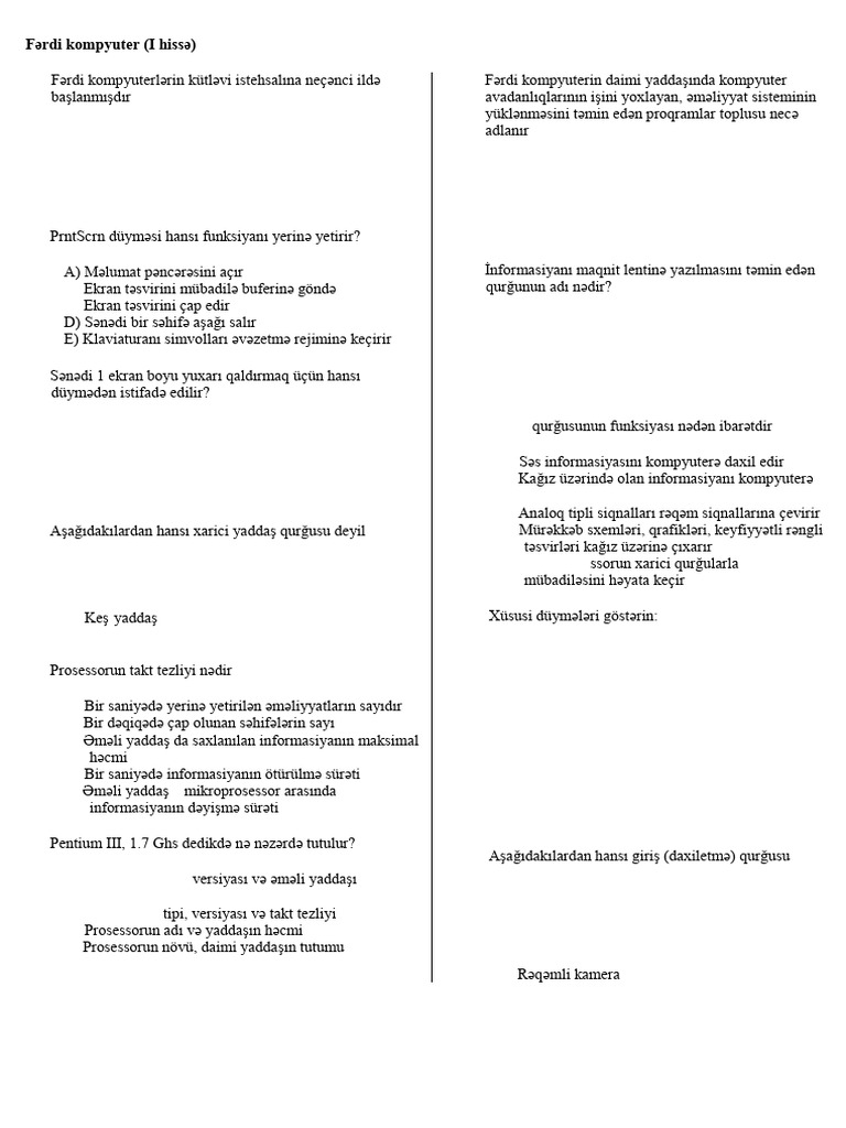 Informatika Test Ferdi Komputerler Cavabsiz | PDF